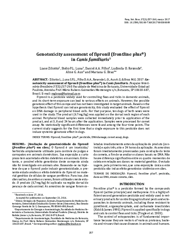 (PDF) Genotoxicity assessment of fipronil (frontline plus®) in Canis ...