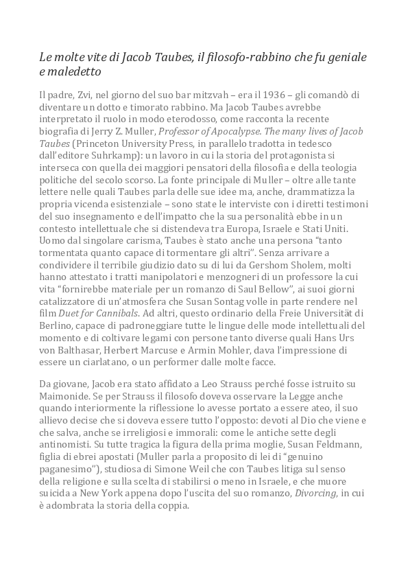 (PDF) Le molte vite di Jacob Taubes