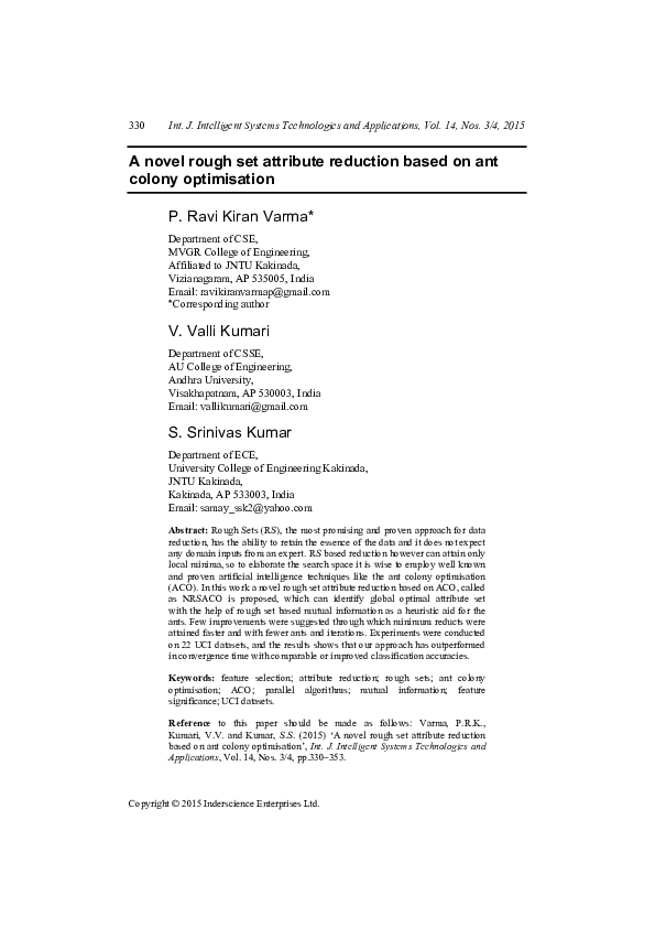 Pdf A Novel Rough Set Attribute Reduction Based On Ant Colony Optimisation