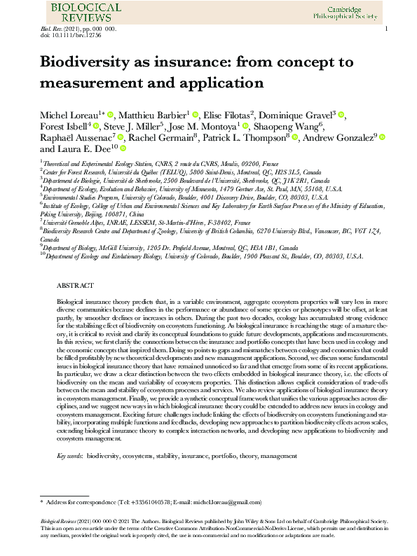 (PDF) Biodiversity as insurance: from concept to measurement and ...