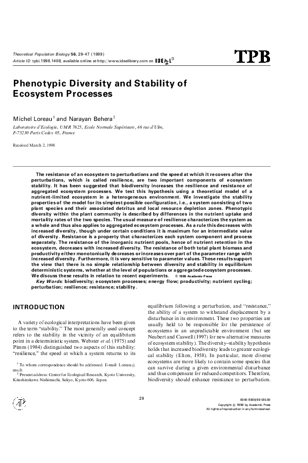 (PDF) Phenotypic Diversity and Stability of Ecosystem Processes