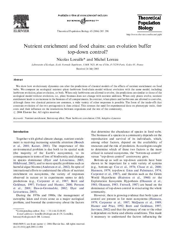 (PDF) Nutrient enrichment and food chains: can evolution buffer top ...