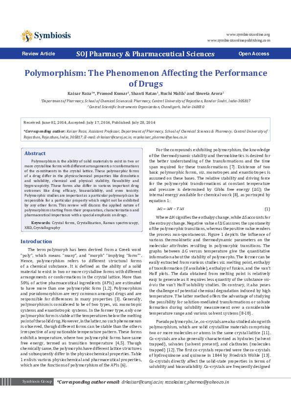 (PDF) Polymorphism: The Phenomenon Affecting the Performance of Drugs