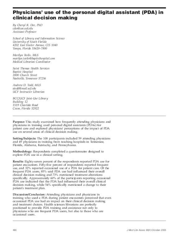 (PDF) Physicians' use of the personal digital assistant (PDA) in ...