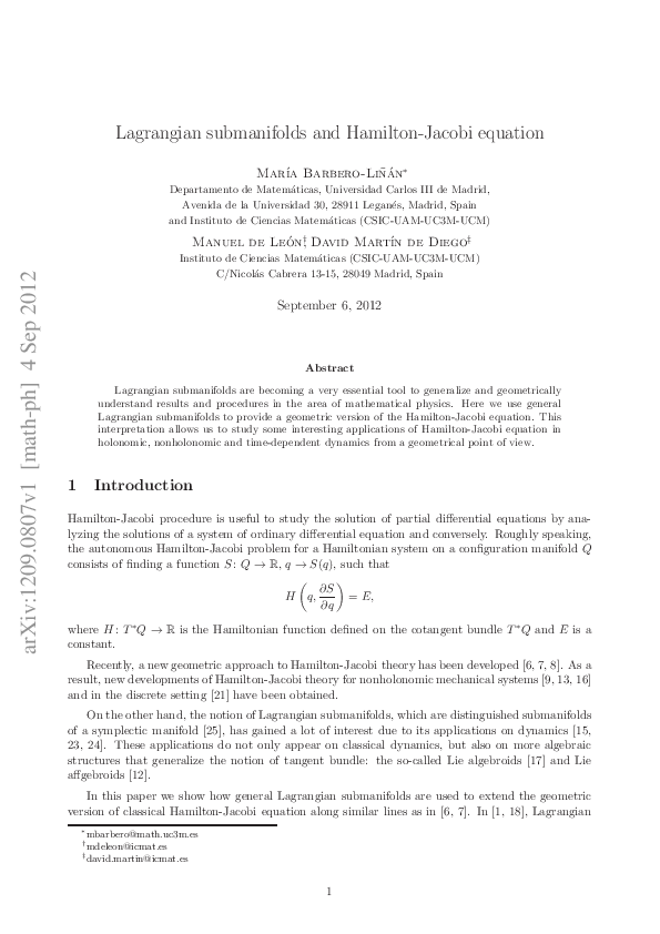 (PDF) Lagrangian submanifolds and the Hamilton–Jacobi equation