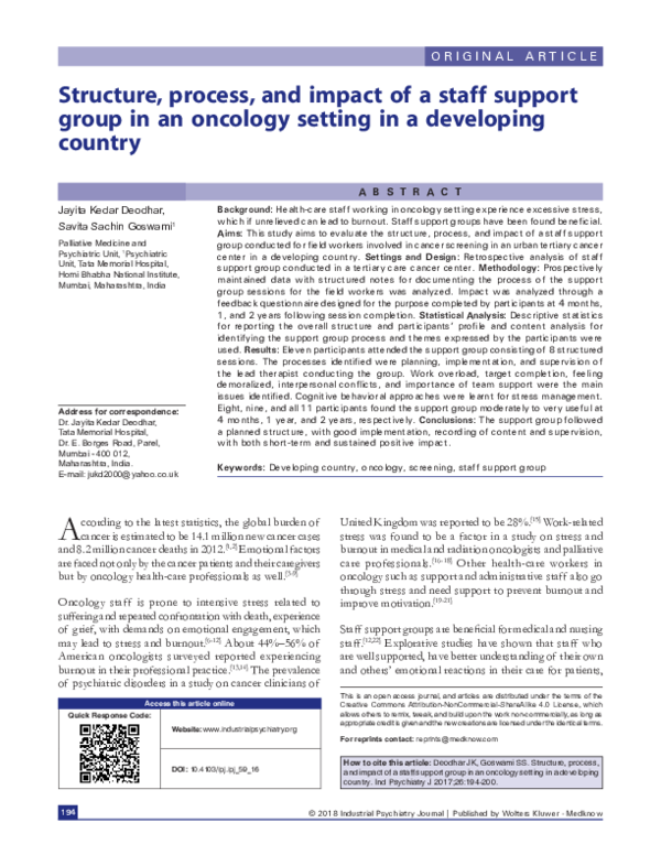 (PDF) Structure, process, and impact of a staff support group in an ...