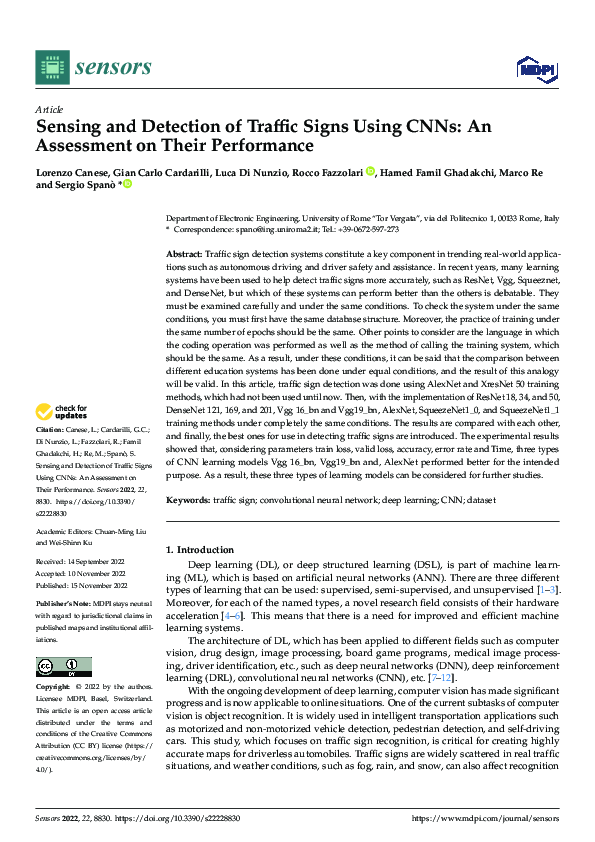 (PDF) Sensing and Detection of Traffic Signs Using CNNs: An Assessment on Their Performance