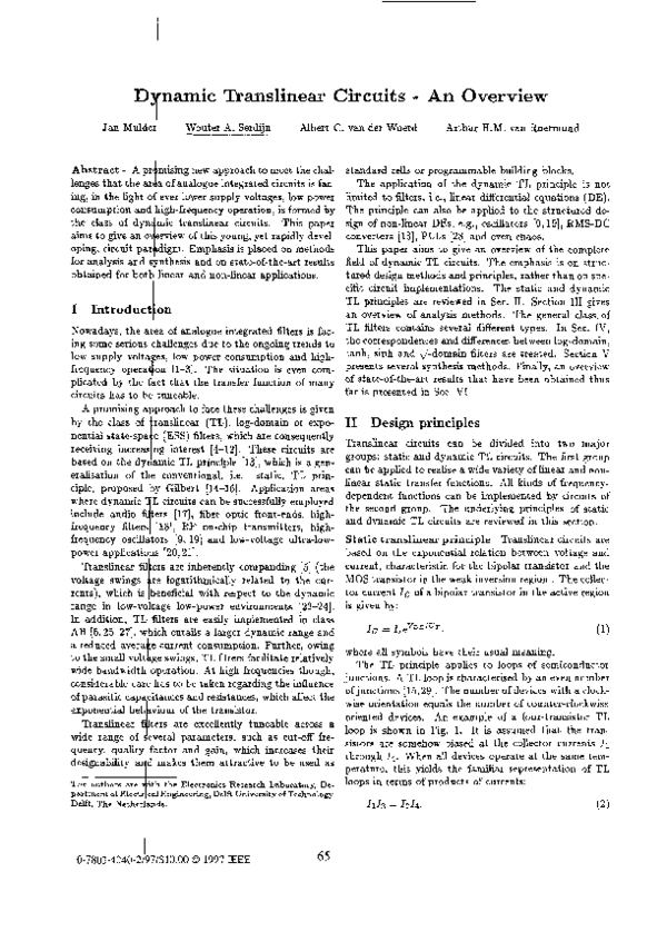(PDF) Dynamic translinear circuits-an overview