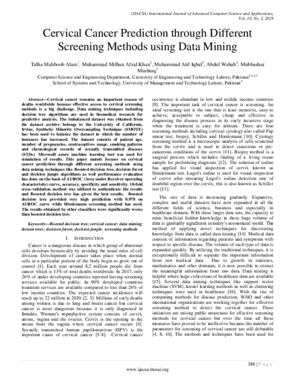 Pdf Cervical Cancer Prediction Through Different Screening Methods