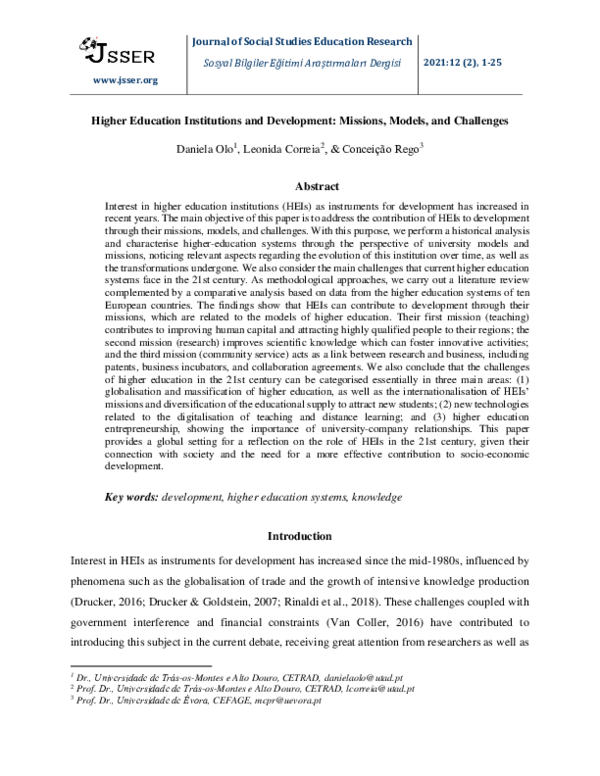 (PDF) Higher Education Institutions and Development: Missions, Models ...