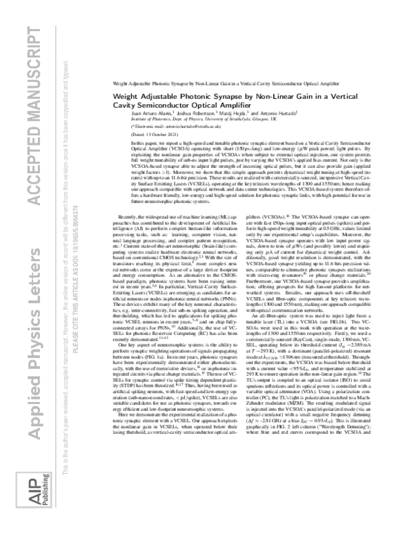 (PDF) Tunable Photonic Synapse via VCSOA Gain