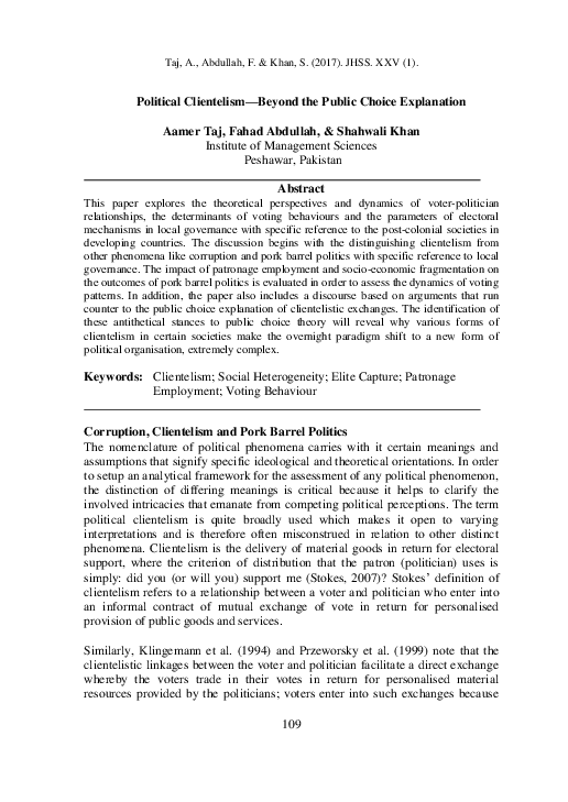 (PDF) Political Clientelism-Beyond the Public Choice Explanation