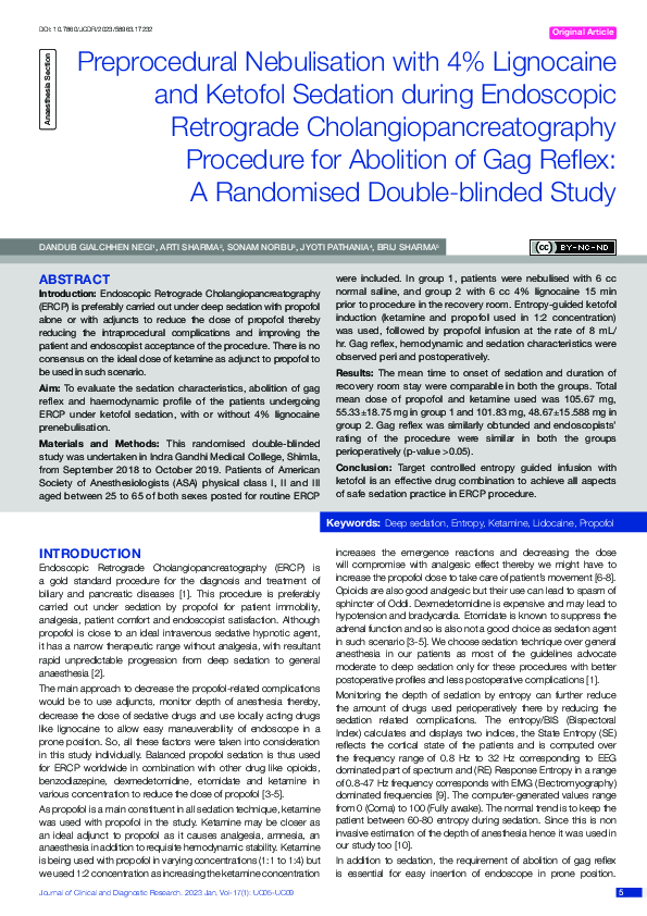 (PDF) Nebulised Lignocaine and Ketofol in ERCP Sedation