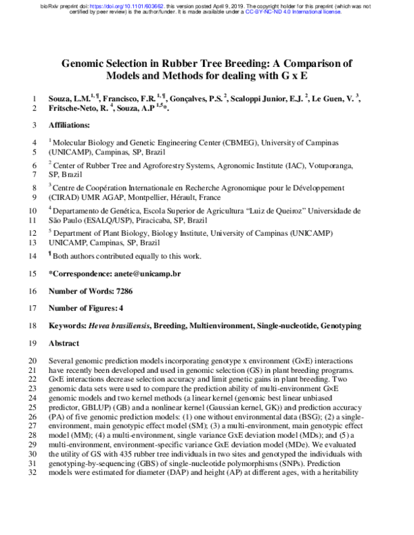 (PDF) Genomic Selection in Rubber Tree Breeding: A Comparison of Models and Methods for dealing ...