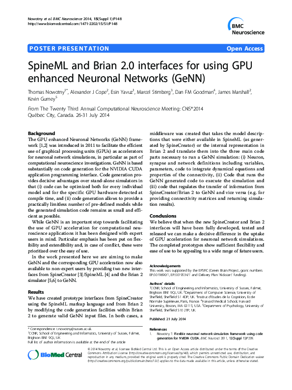 (PDF) SpineML and Brian 2.0 interfaces for using GPU enhanced Neuronal Networks (GeNN) | E ...