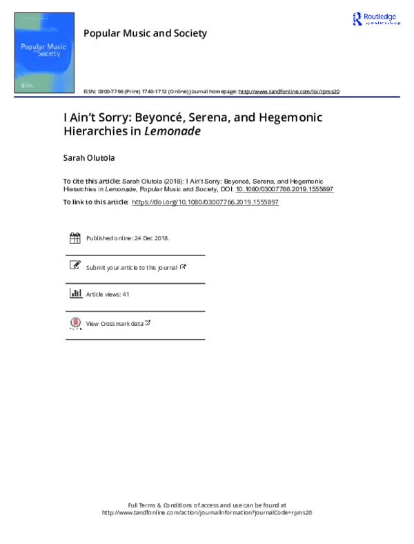 (PDF) I Ain’t Sorry: Beyoncé, Serena, and Hegemonic Hierarchies inLemonade (PDF) I Ain’t Sorry: Beyoncé, Serena, and Hegemonic Hierarchies inLemonade