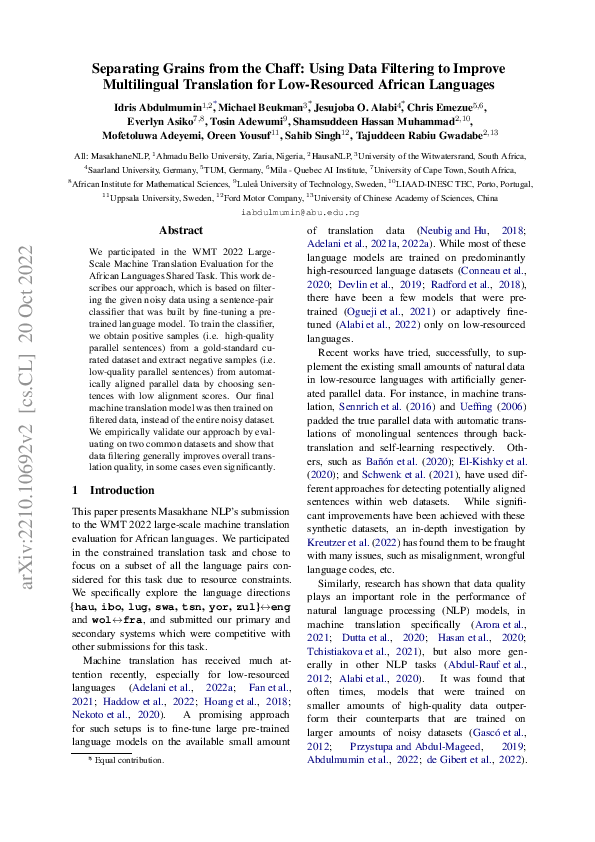 Pdf Separating Grains From The Chaff Using Data Filtering To Improve Multilingual Translation