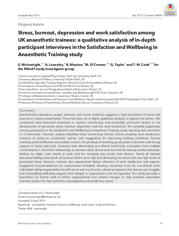 (PDF) Stress, burnout, depression and work satisfaction among UK ...