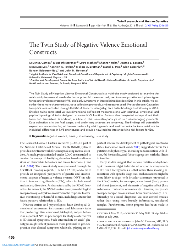 (PDF) The Twin Study of Negative Valence Emotional Constructs