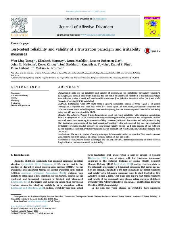 (PDF) Test-retest reliability and validity of a frustration paradigm ...