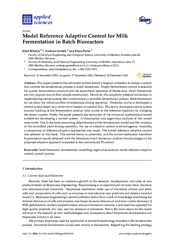 (PDF) Model Reference Adaptive Control for Milk Fermentation in Batch ...