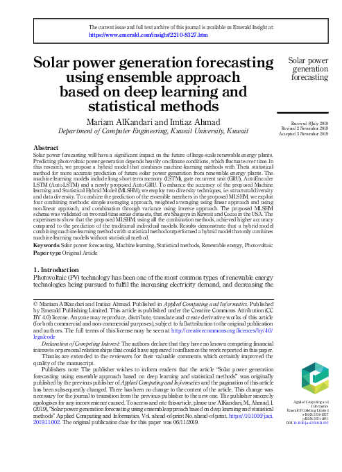Pdf Solar Power Generation Forecasting Using Ensemble Approach Based