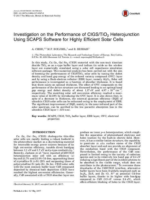 Pdf Investigation On The Performance Of Cigs Tio2 Heterojunction Using Scaps Software For