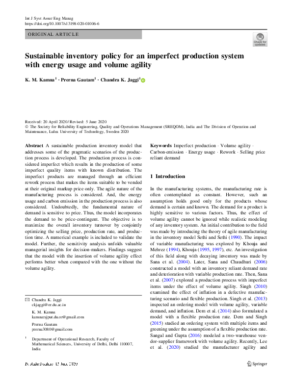 Sustainable inventory policy for an imperfect production system with ...
