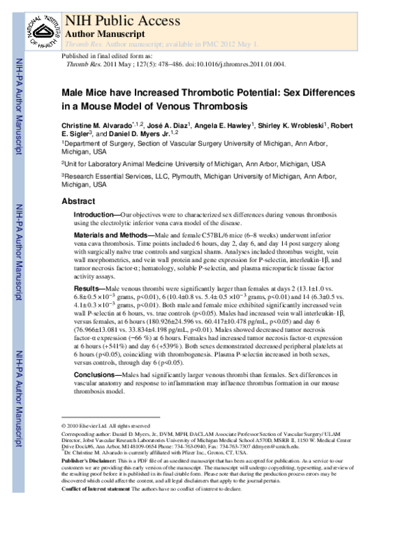 Pdf Male Mice Have Increased Thrombotic Potential Sex Differences In