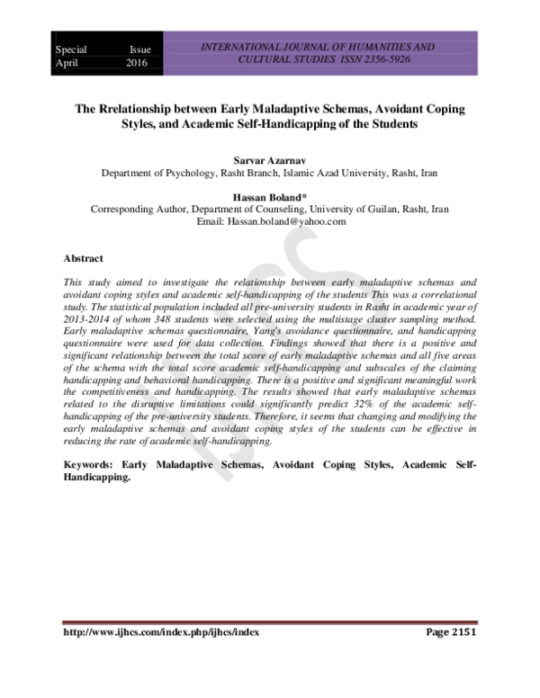 (PDF) The Rrelationship between Early Maladaptive Schemas, Avoidant Coping Styles, and Academic ...