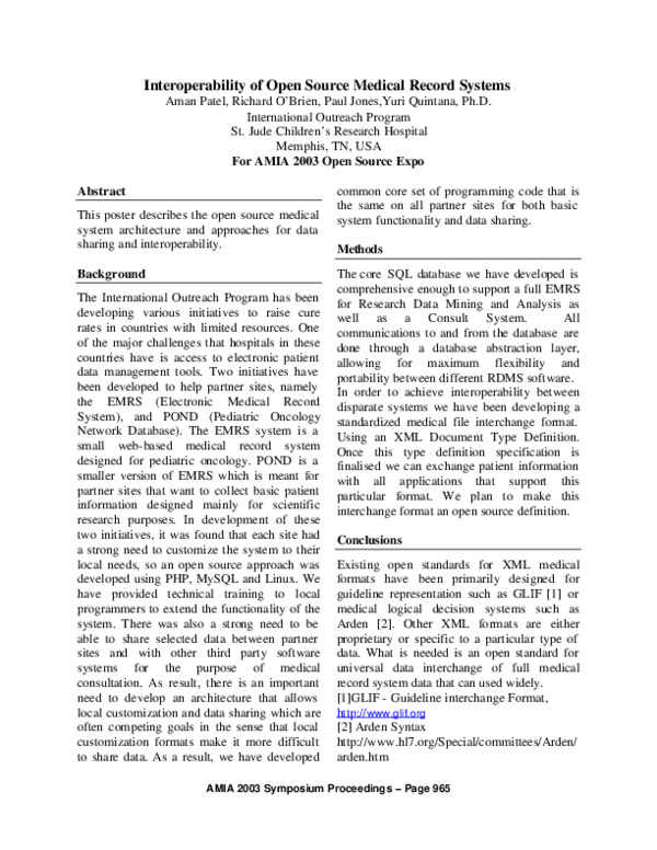 (PDF) Interoperability of open source medical record systems