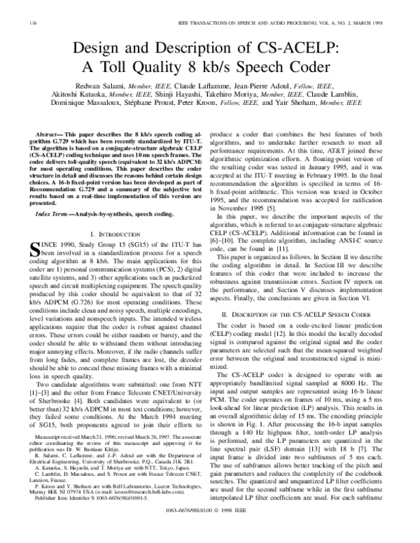 (PDF) Design and description of CS-ACELP: a toll quality 8 kb/s speech coder