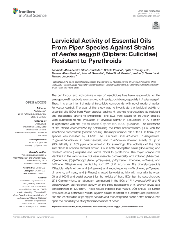 (PDF) Larvicidal Activity of Essential Oils From Piper Species Against Strains of Aedes aegypti ...