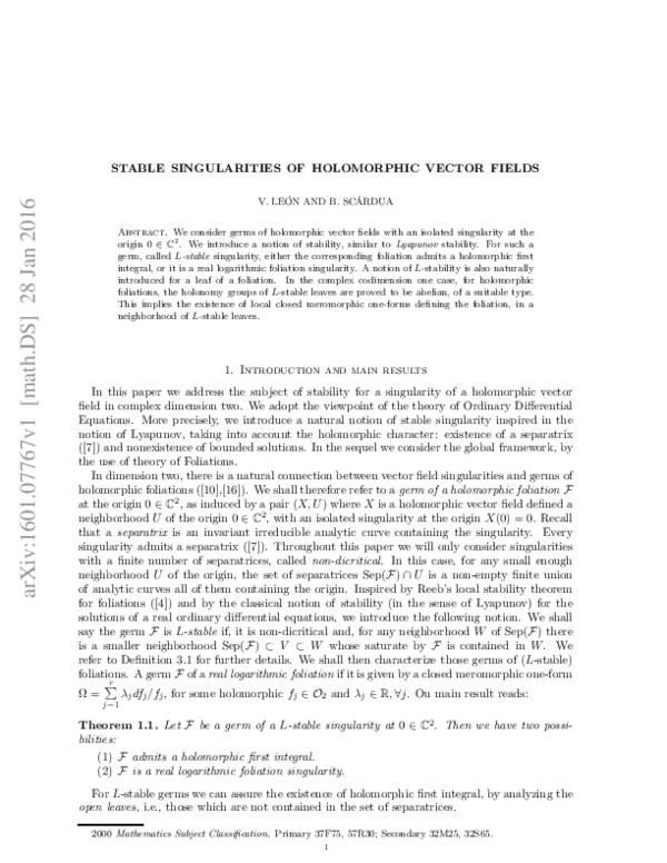 (PDF) Stable singularities of holomorphic vector fields