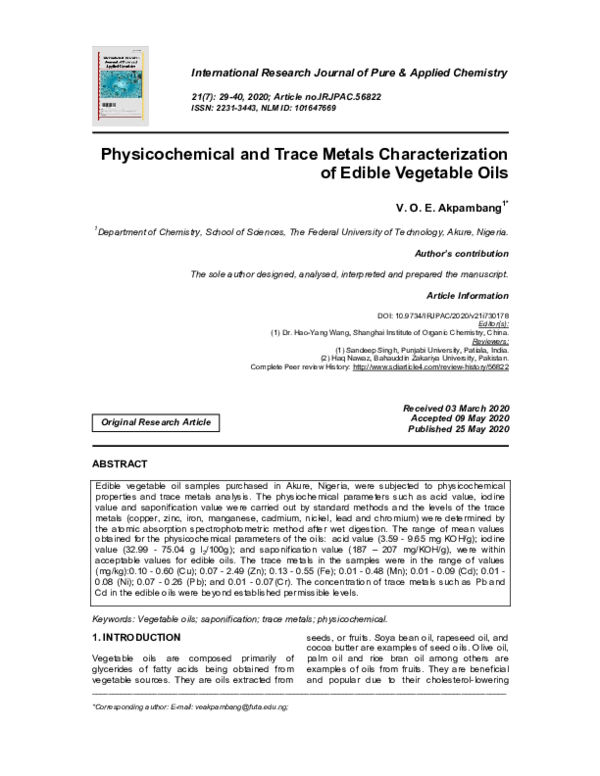 (PDF) Physicochemical and Trace Metals Characterization of Edible ...