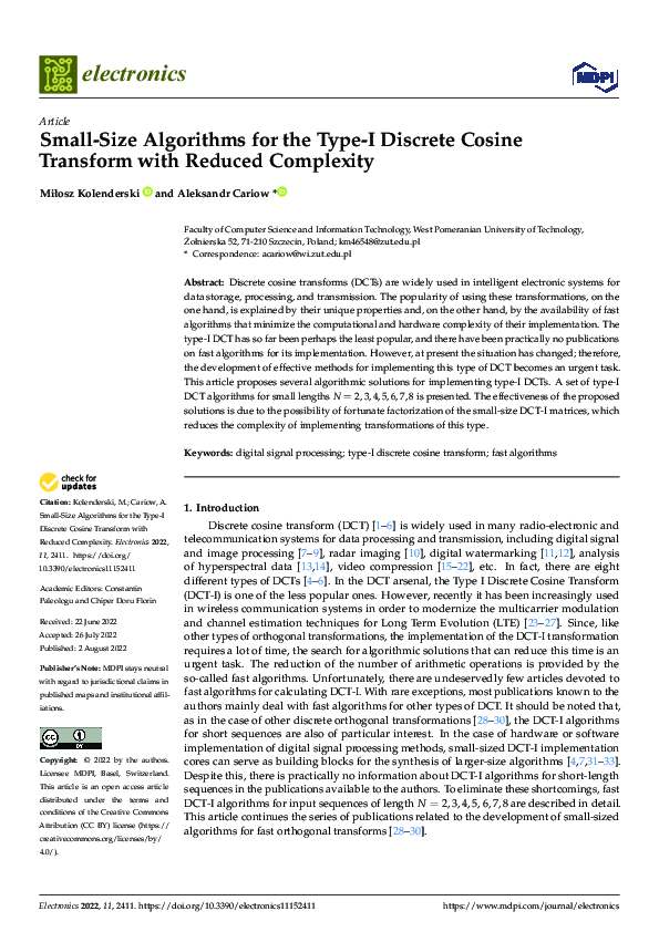 (PDF) Small-Size Algorithms for the Type-I Discrete Cosine Transform with Reduced Complexity