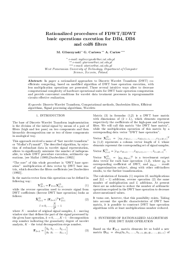 (PDF) Rationalized procedures of FDWT/IDWT basic operations execution for DB4, DB6 and coif6 filters