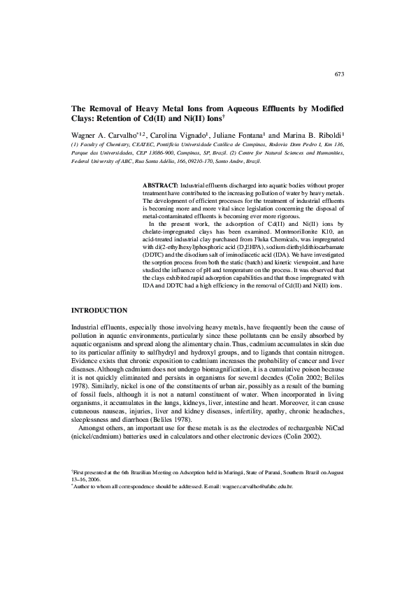 (PDF) The Removal of Heavy Metal Ions from Aqueous Effluents by Modified Clays: Retention of Cd ...