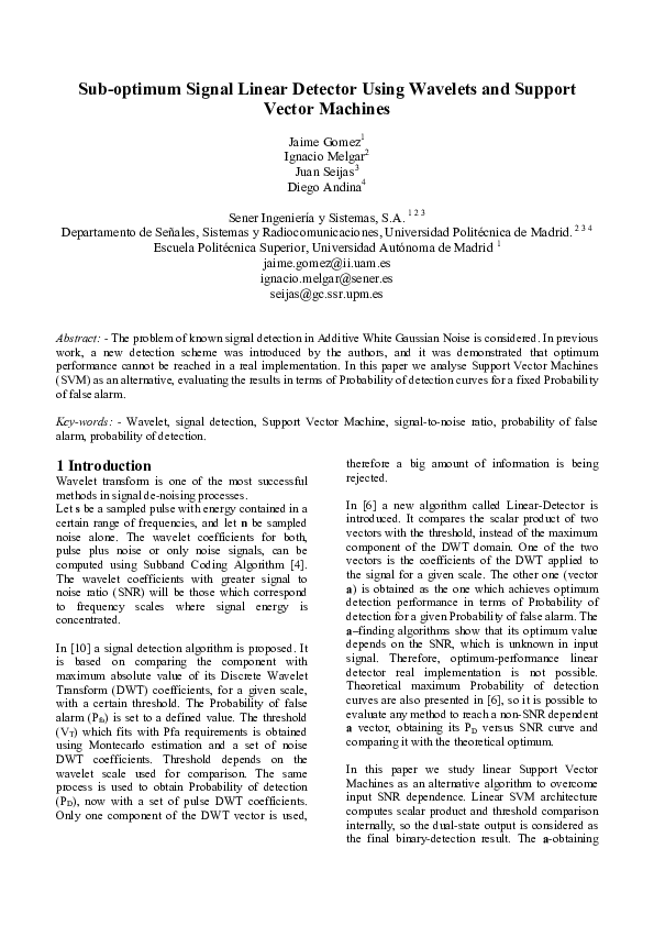 Pdf Sub Optimum Signal Linear Detector Using Wavelets And Support