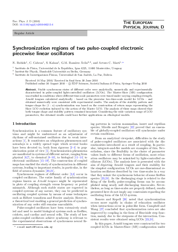 Pdf Synchronization Regions Of Two Pulse Coupled Electronic Piecewise