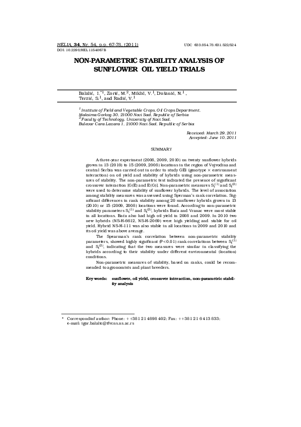(PDF) Non-parametric stability analysis of sunflower oil yield trials