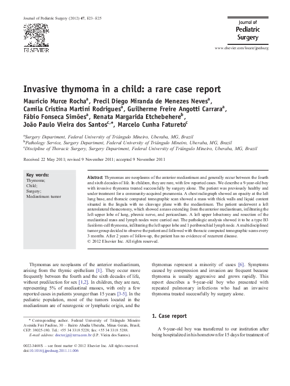 (PDF) Child with Invasive Fusiform-Cell Thymoma