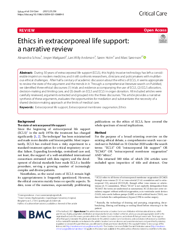 (PDF) Ethics in extracorporeal life support: a narrative review