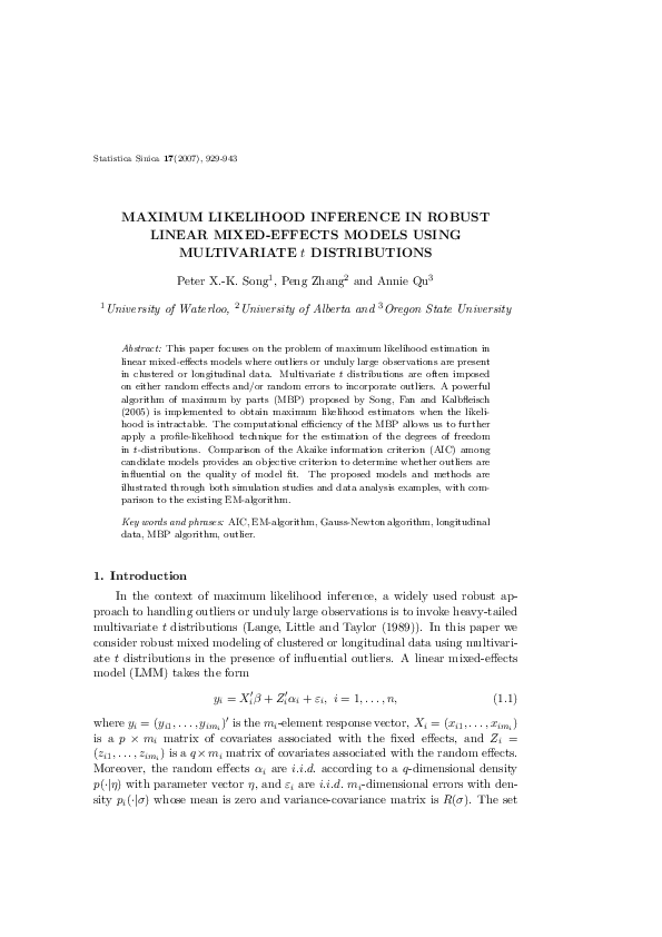 Pdf Maximum Likelihood Inference In Robust Linear Mixed Effects