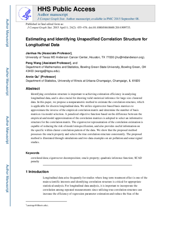 (PDF) Estimating and Identifying Unspecified Correlation Structure for Longitudinal Data | Annie ...
