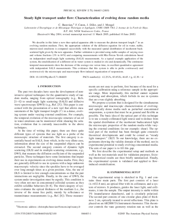 (PDF) Steady light transport under flow: Characterization of evolving dense random media