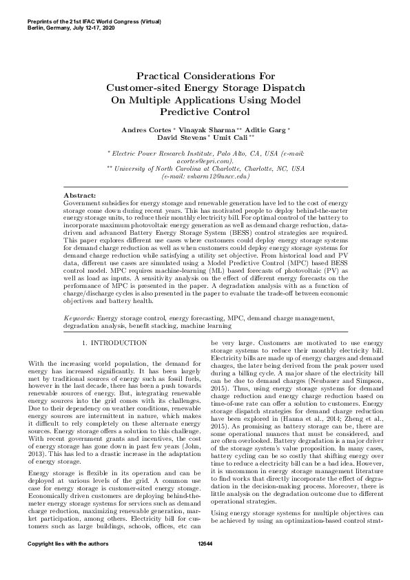 (PDF) Practical Considerations For Customer-sited Energy Storage Dispatch On Multiple ...