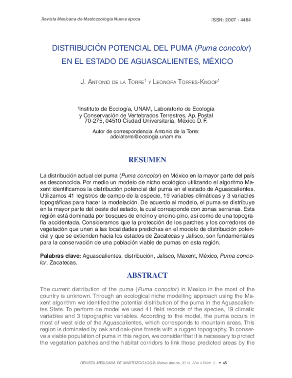 (PDF) DISTRIBUCIÓN POTENCIAL DEL PUMA (Puma concolor) EN EL ESTADO DE ...