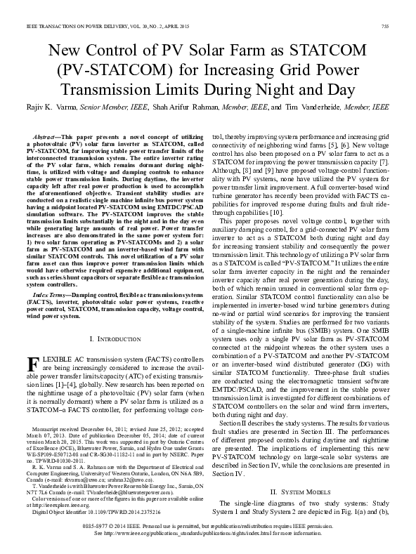 (PDF) New control of PV solar farm as STATCOM (PV-STATCOM) for increasing grid power ...