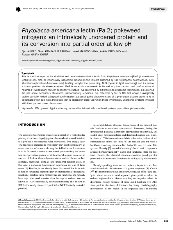 (PDF) Phytolacca americana lectin (Pa-2; pokeweed mitogen): an intrinsically unordered protein ...